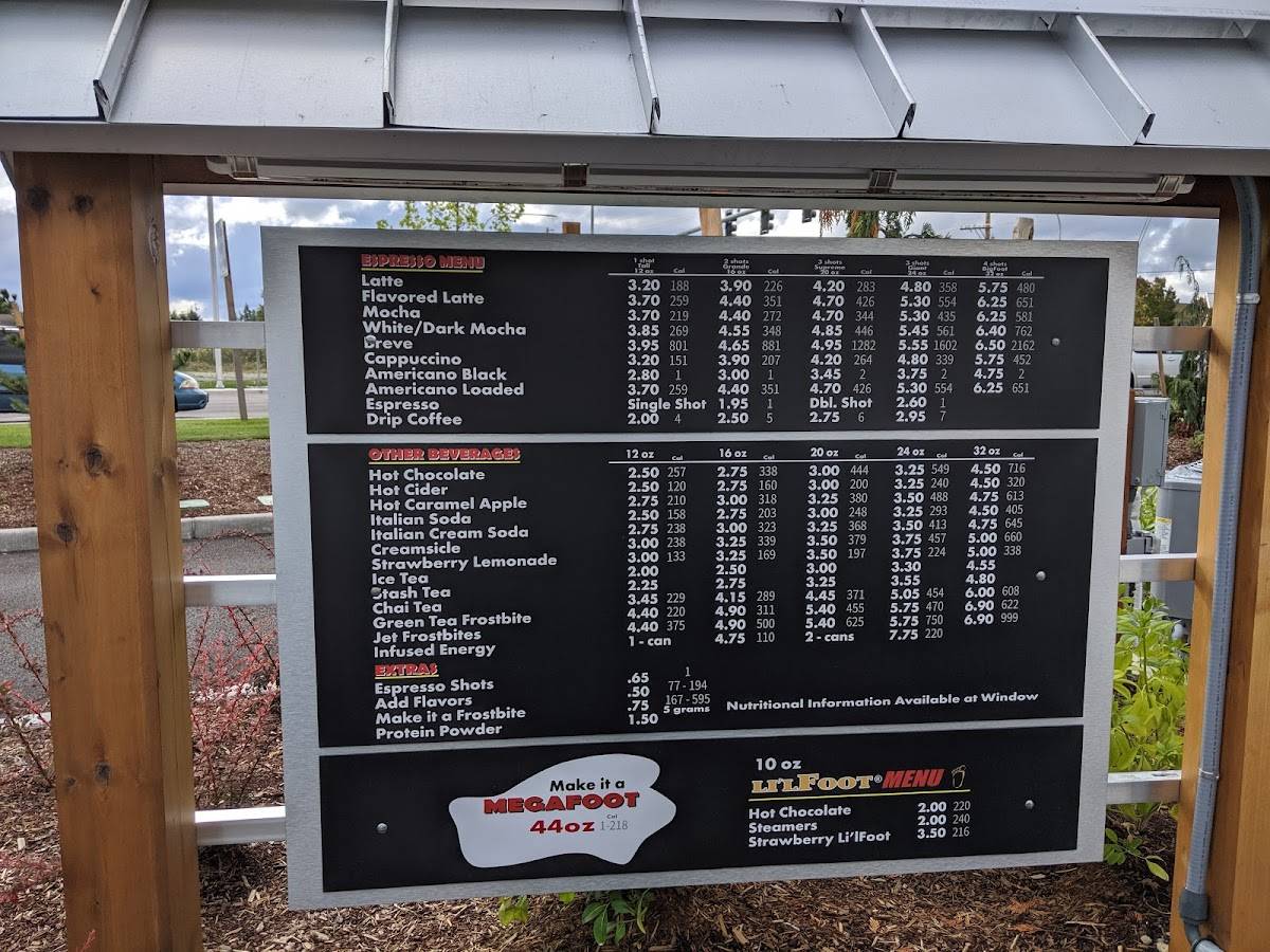 Menu at BigFoot Java, South Hill, 187th St E