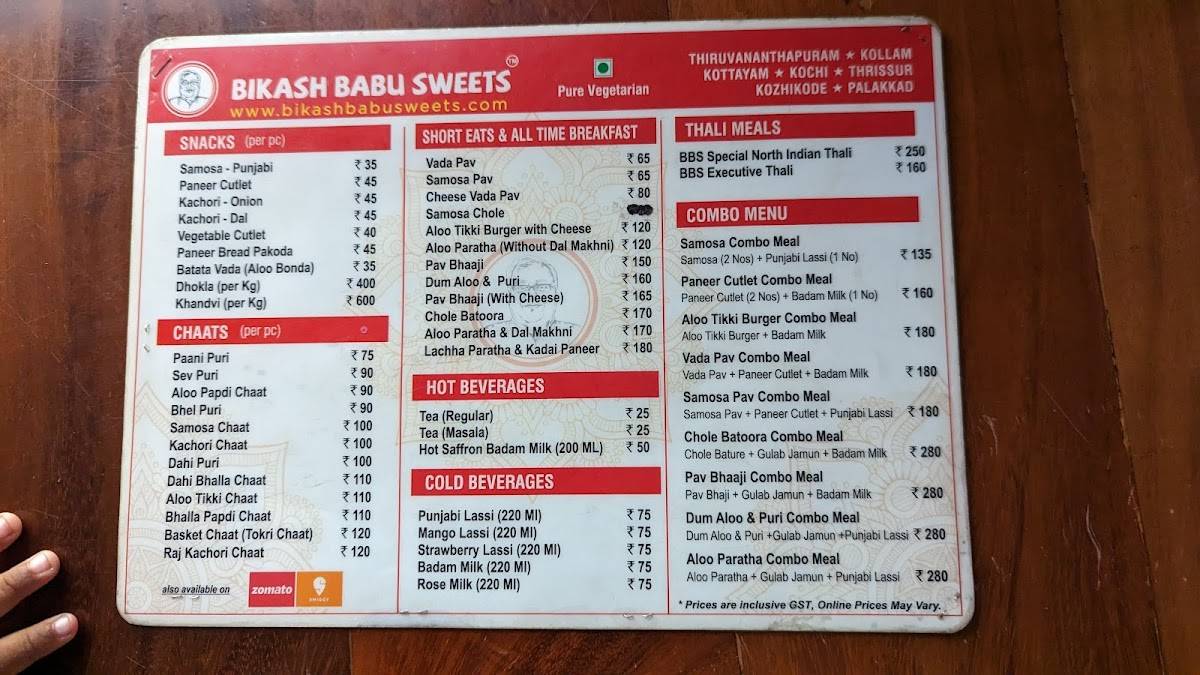 Menu at Bikash Babu Sweets & Chaats, Kollam
