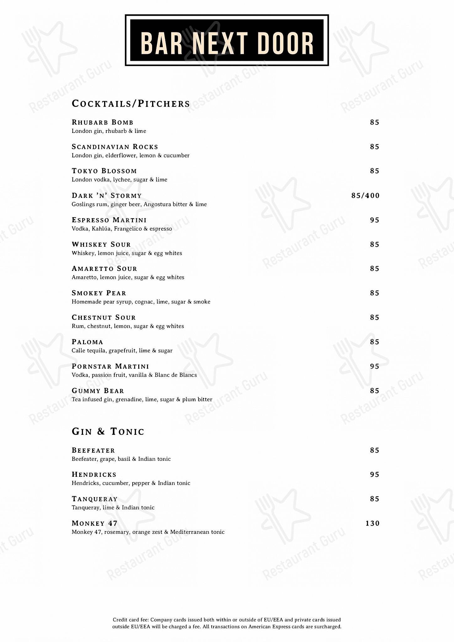 Menu at Bar Next Door København, Copenhagen