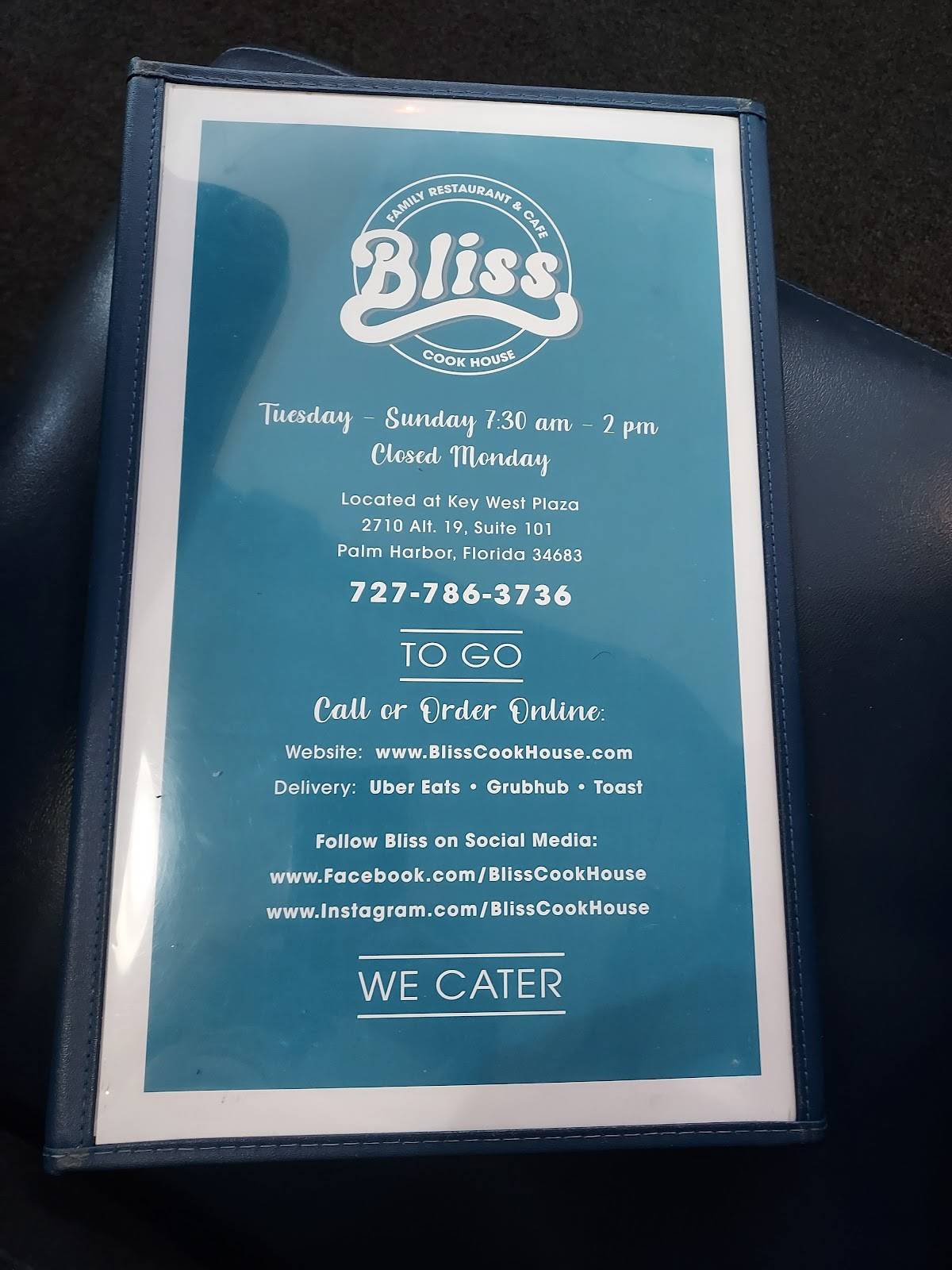 Menu at Bliss Cook House restaurant, Palm Harbor