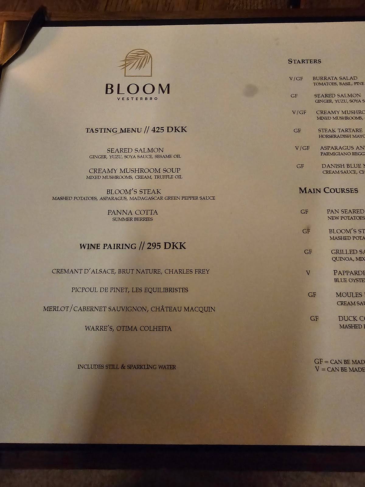 Speisekarte von Bloom Vesterbro restaurant, Kopenhagen