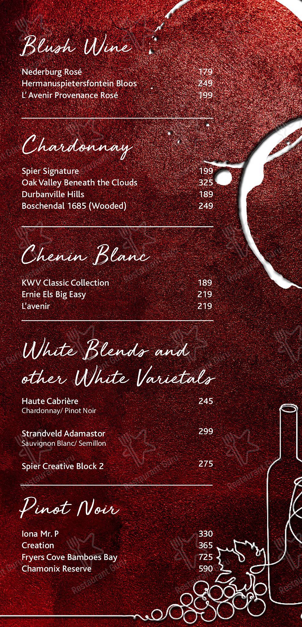 Menu at Blu Saffron restaurant, Pretoria