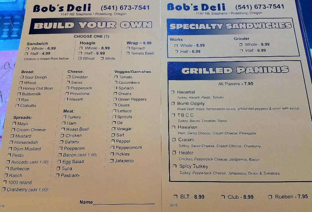 Menu at Bob's Deli restaurant, Roseburg