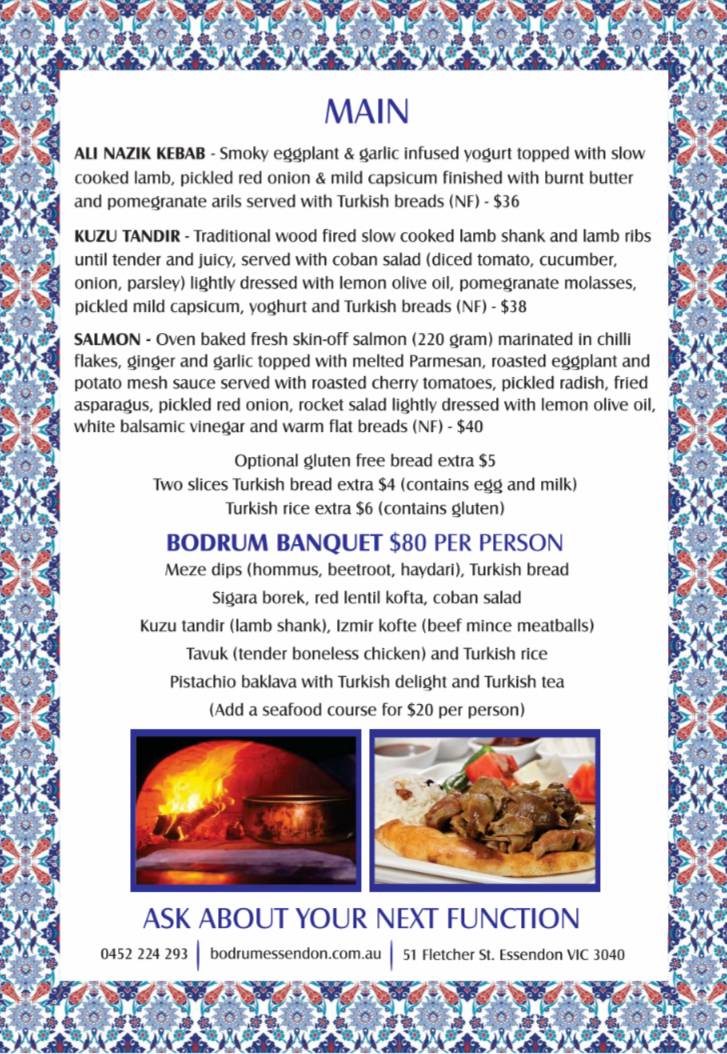 Menu at Bodrum Essendon restaurant, Essendon, 51 Fletcher St