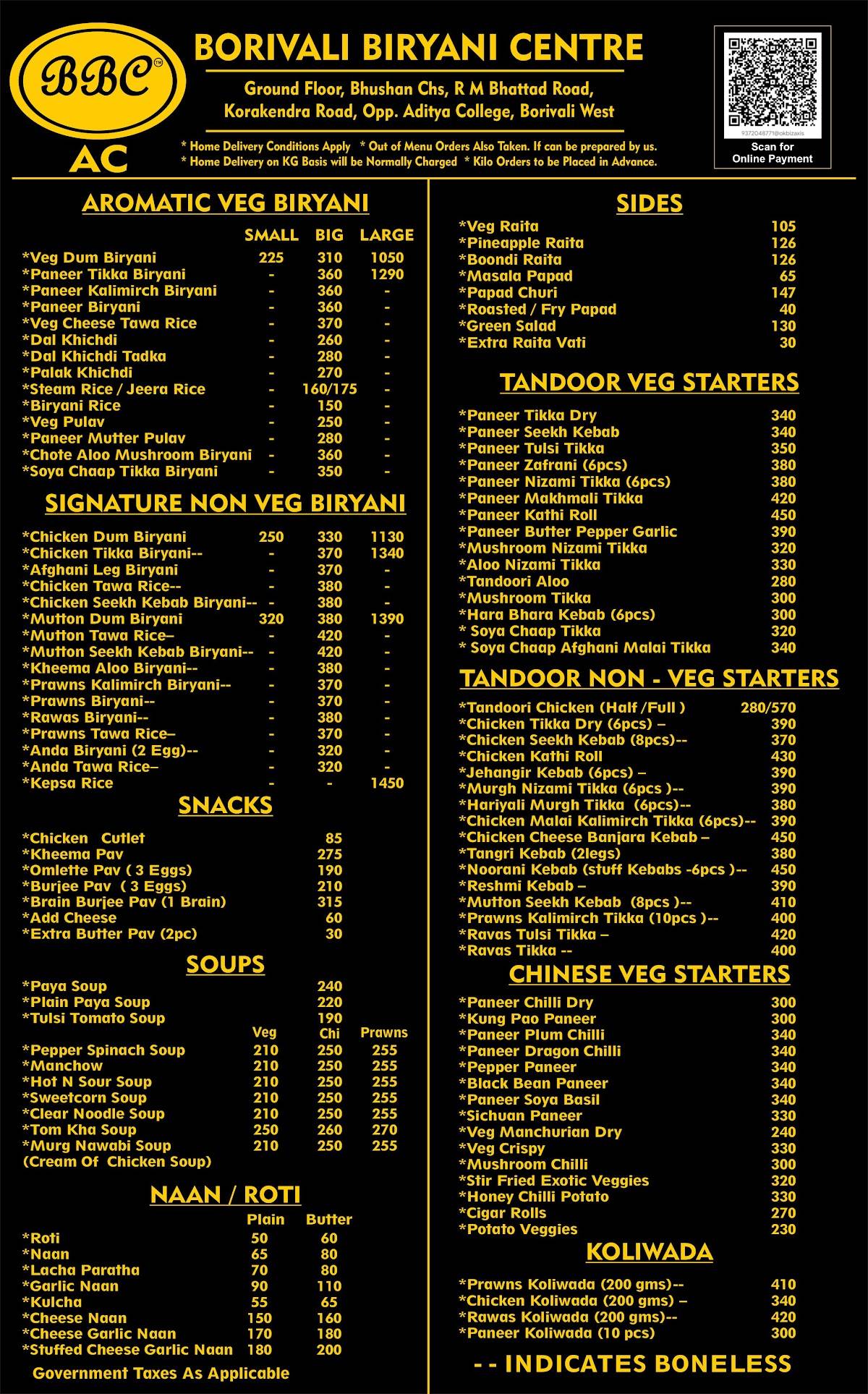 Menu at Borivali Biryani Centre, Mumbai, Dinaco Kutir CHS