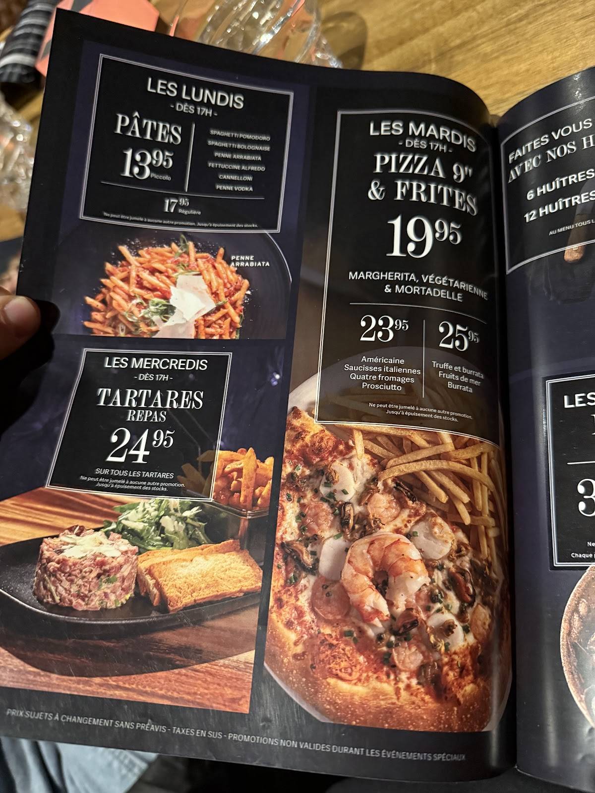 Menu au Bossini restaurant, Québec