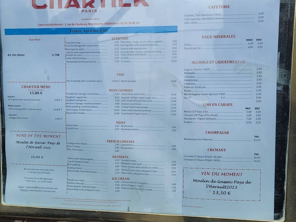 Menu at Bouillon Chartier restaurant, Paris, 59 Bd du Montparnasse