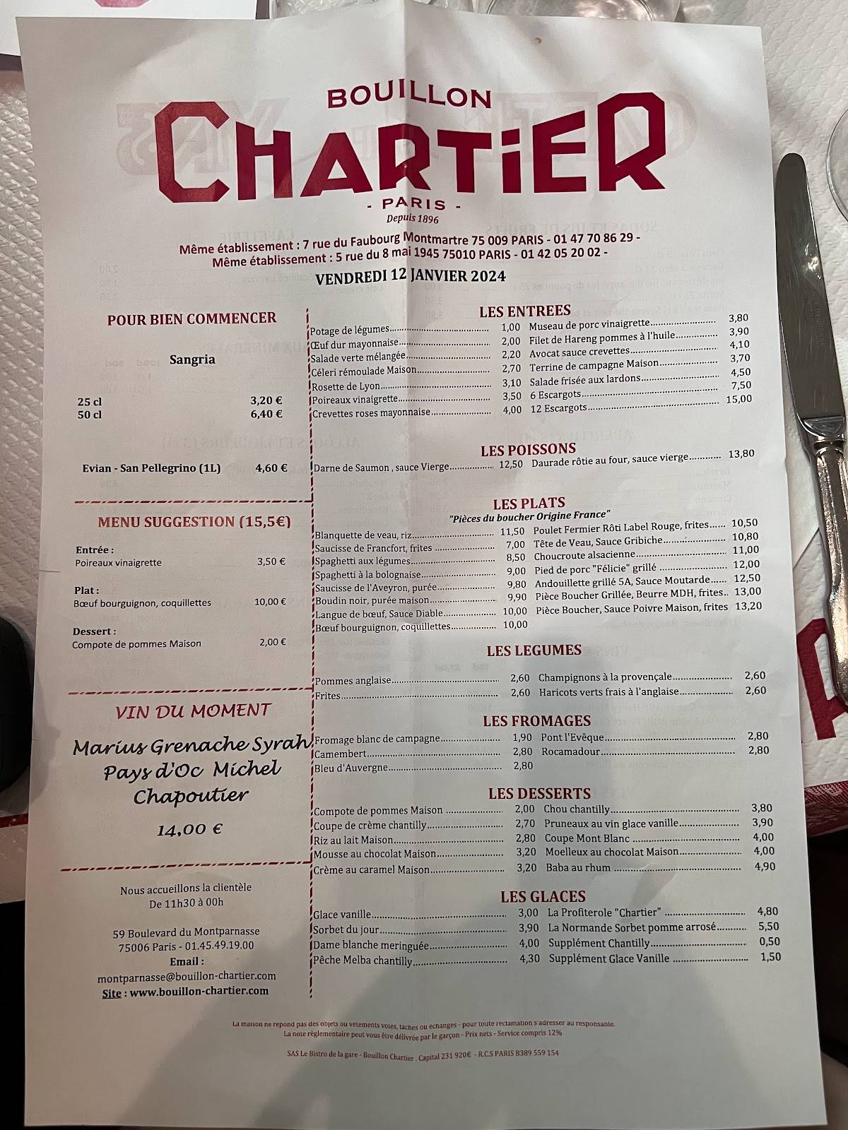 Menu au Bouillon Chartier restaurant, Paris, 59 Bd du Montparnasse