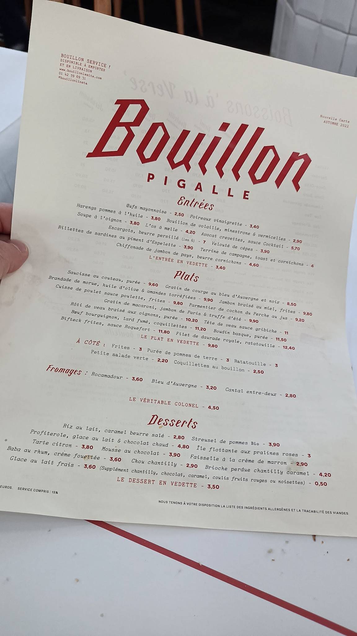 Menu at Bouillon Pigalle restaurant, Paris