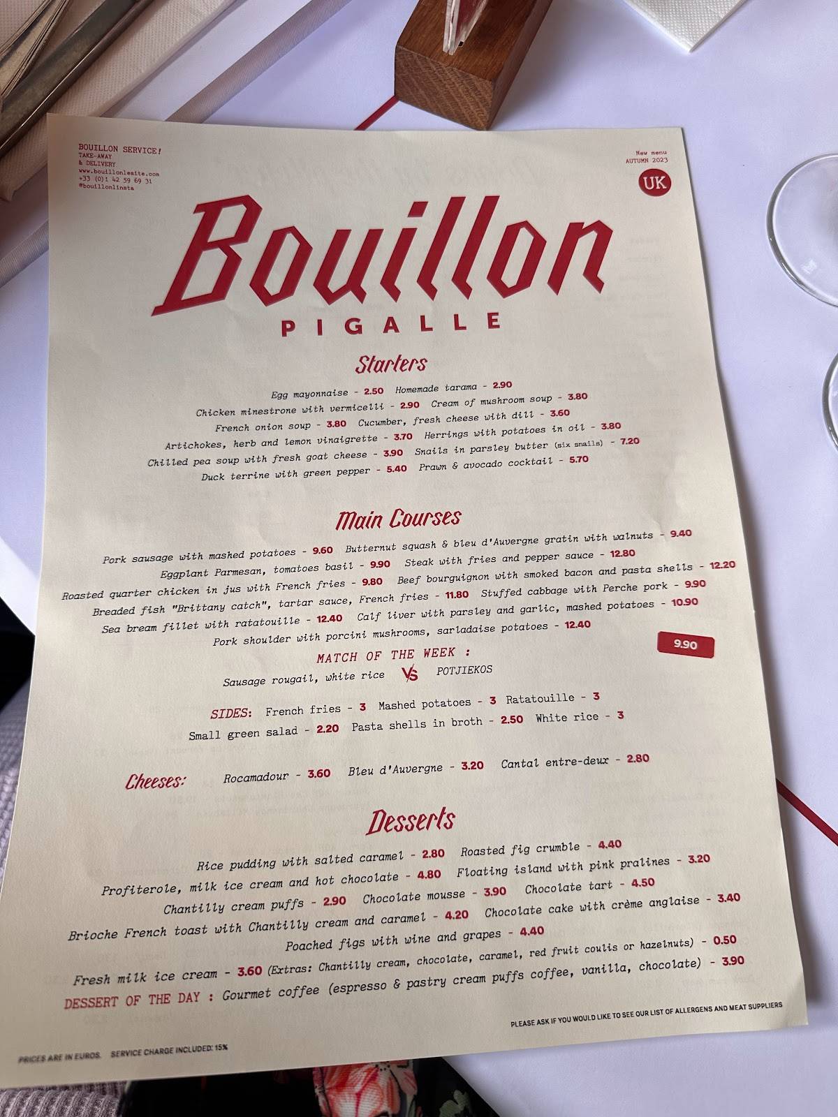 Menu at Bouillon Pigalle restaurant, Paris