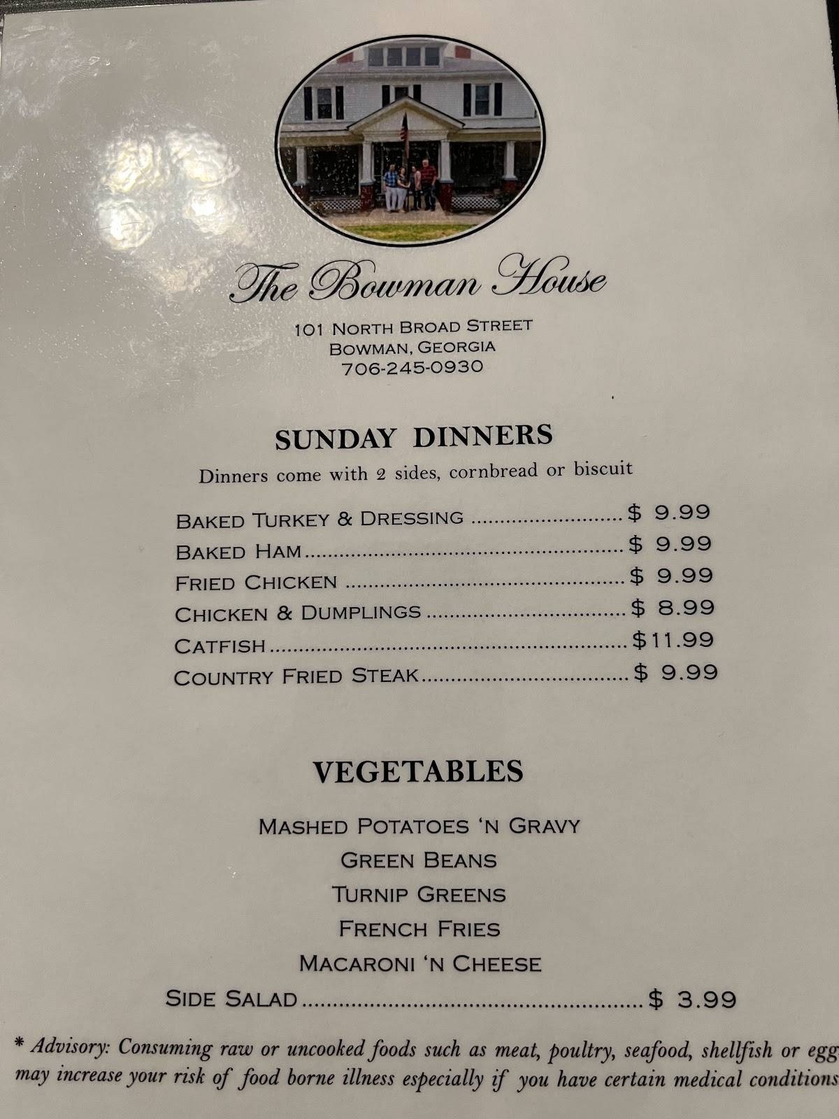 Menu at The Bowman House southern kitchen restaurant, Bowman