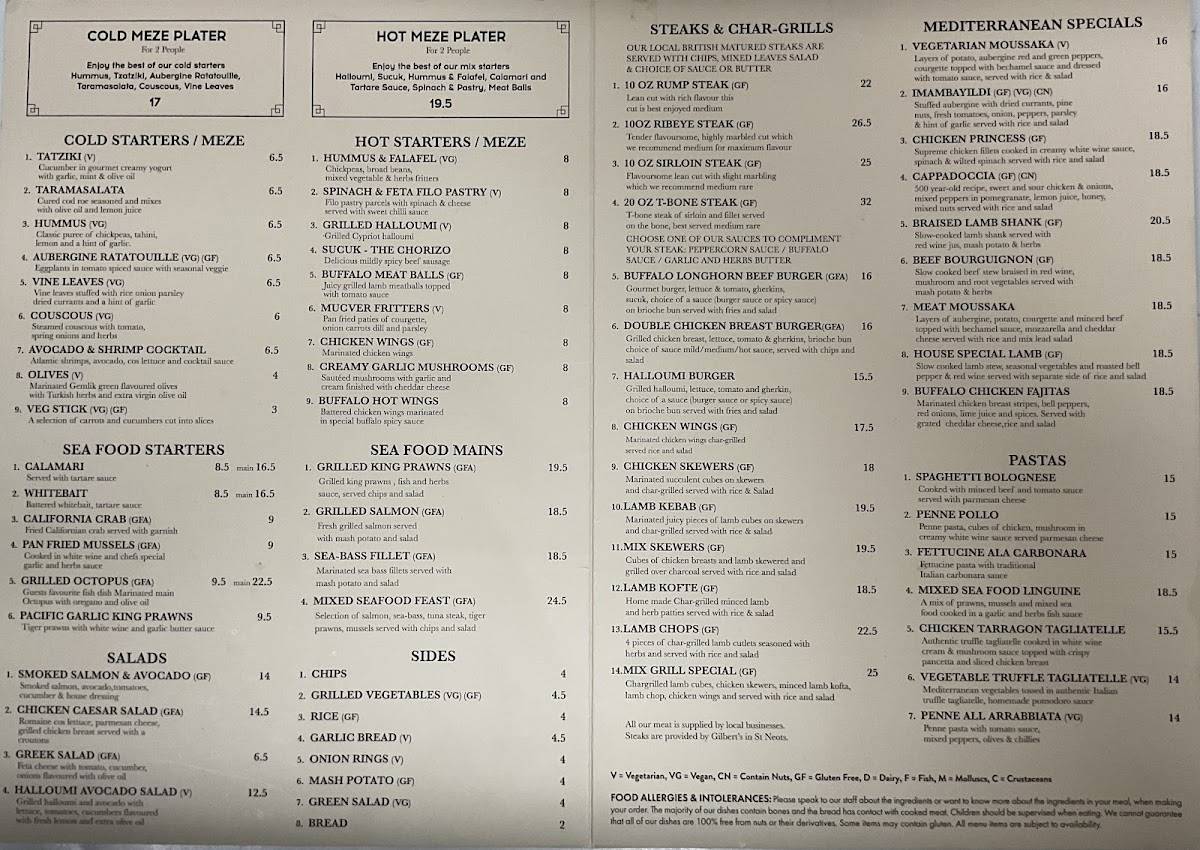 Menu at Buffalo Mediterranean Restaurant, Saint Neots