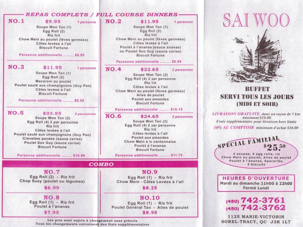 Menu au Restaurant Buffet Sai-Woo, Sorel-Tracy