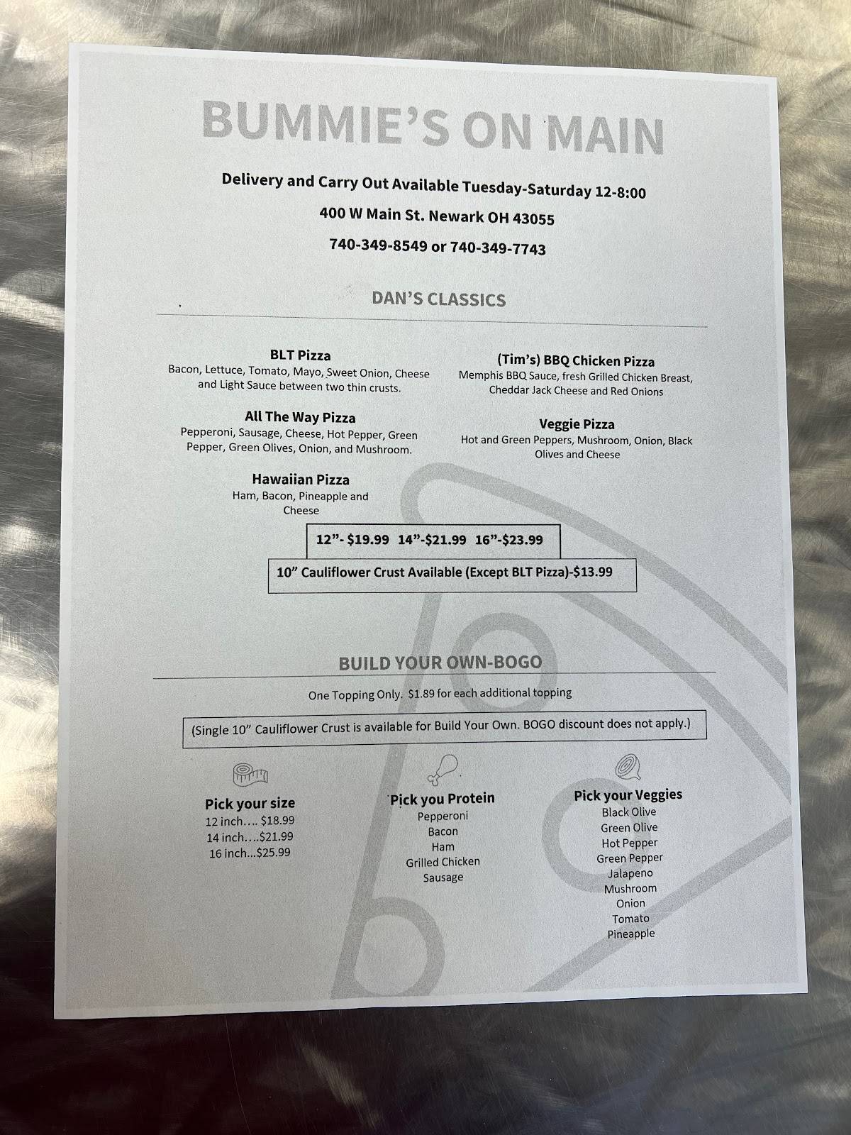 Menu at Bummie's On Main restaurant, Newark