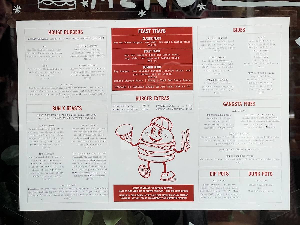 Menu at Bun X at Micawbers restaurant, Norwich