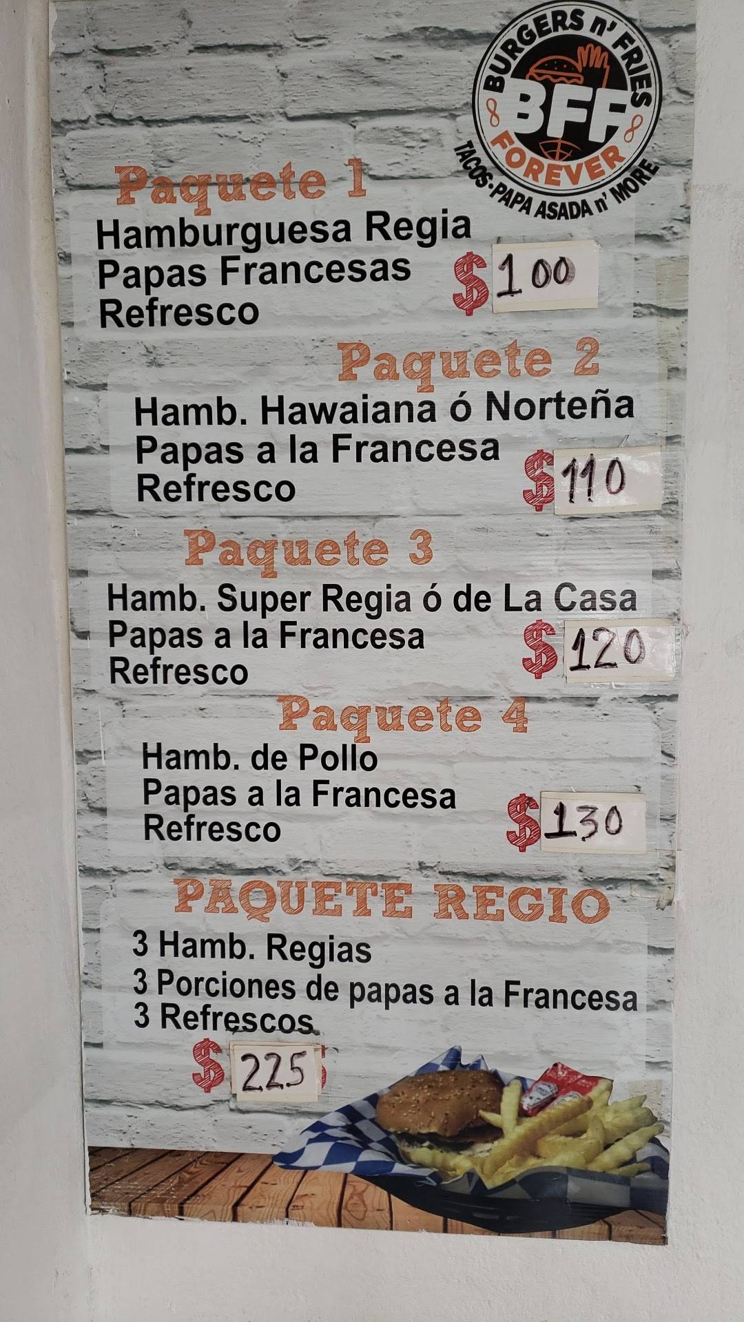 Menu at Burgers n' Fries Forever restaurant, Monterrey