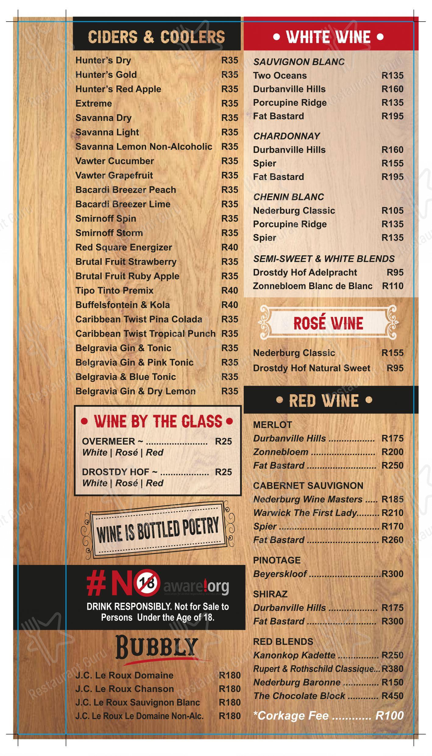 Menu at Butcher's Backyard restaurant, Benoni