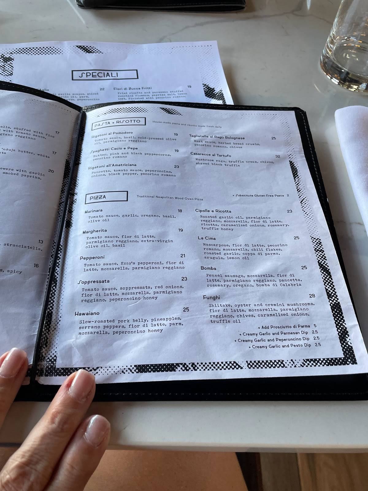 Menu at CIMA Enoteca restaurant, Hamilton
