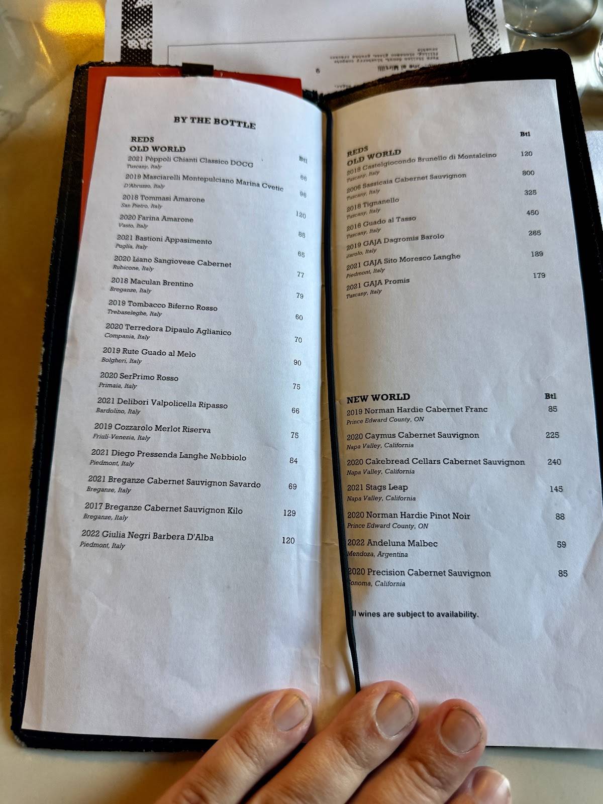 Menu at CIMA Enoteca restaurant, Hamilton