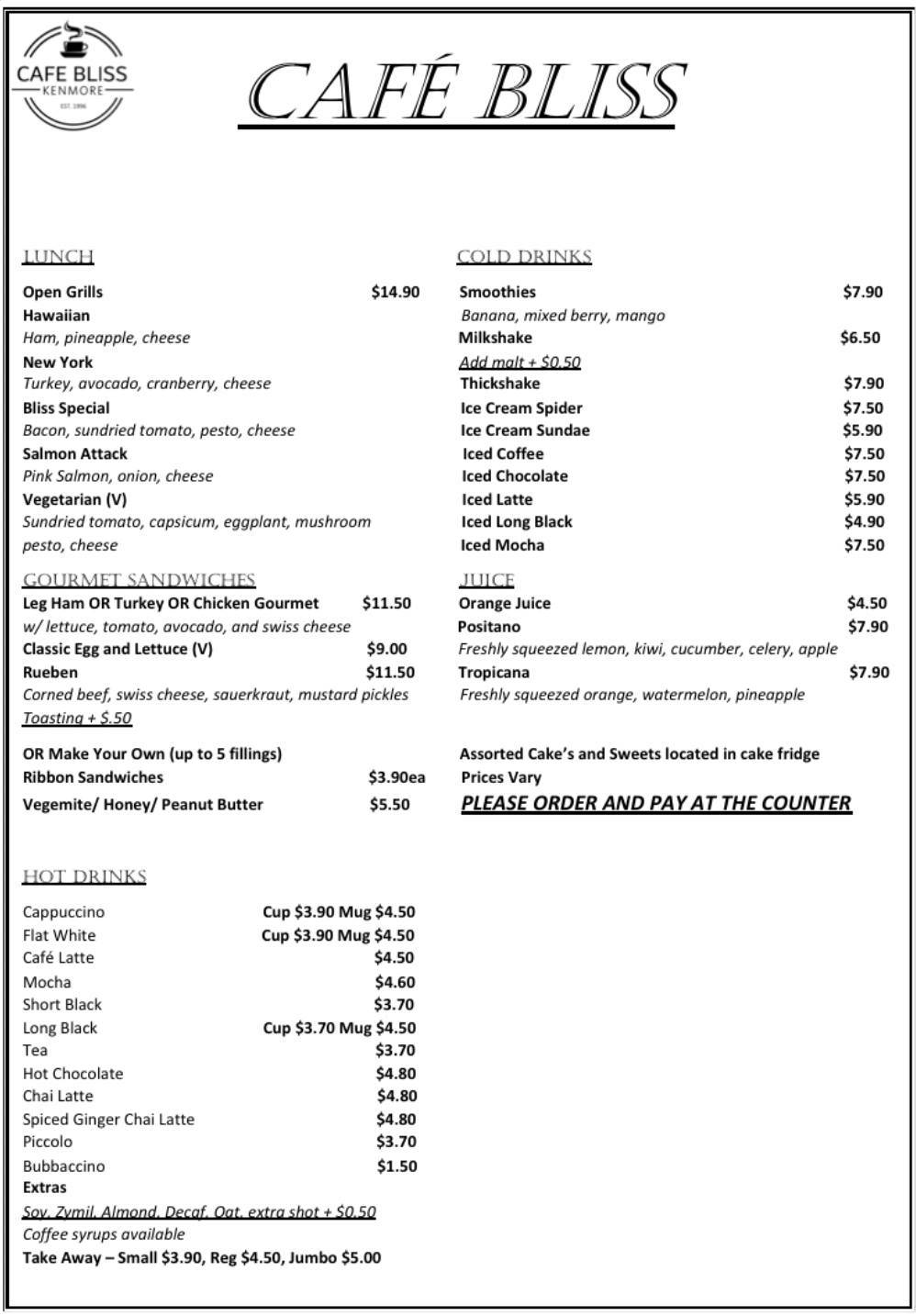 Menu at Cafe Bliss, Kenmore Hills, 6/9 Brookfield Rd