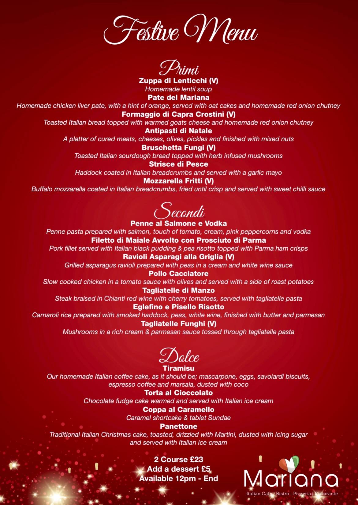 Menu at Café Mariana restaurant, Kirkintilloch