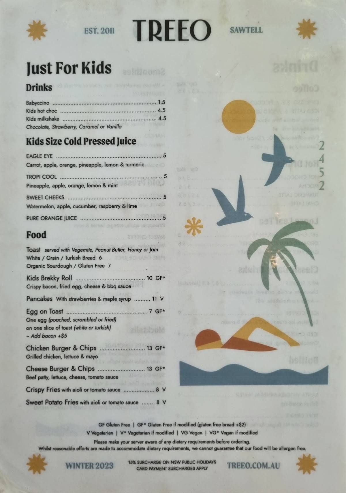 Menu at Cafe Treeo, Sawtell