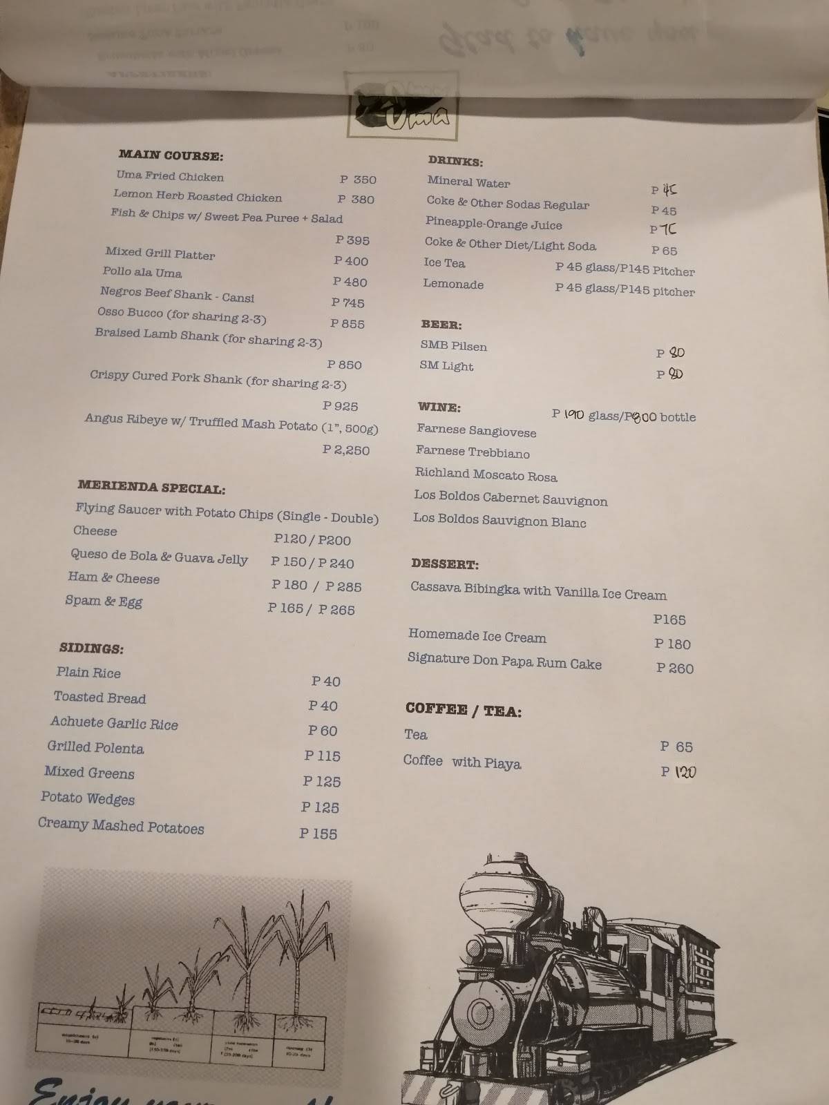 Menu at Cafe Uma, Bacolod, Paseo Verde
