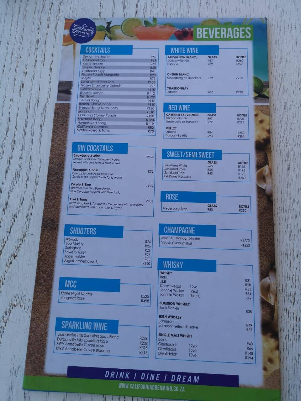 Menu at California Dreaming restaurant, Durban, 150 Marine Parade