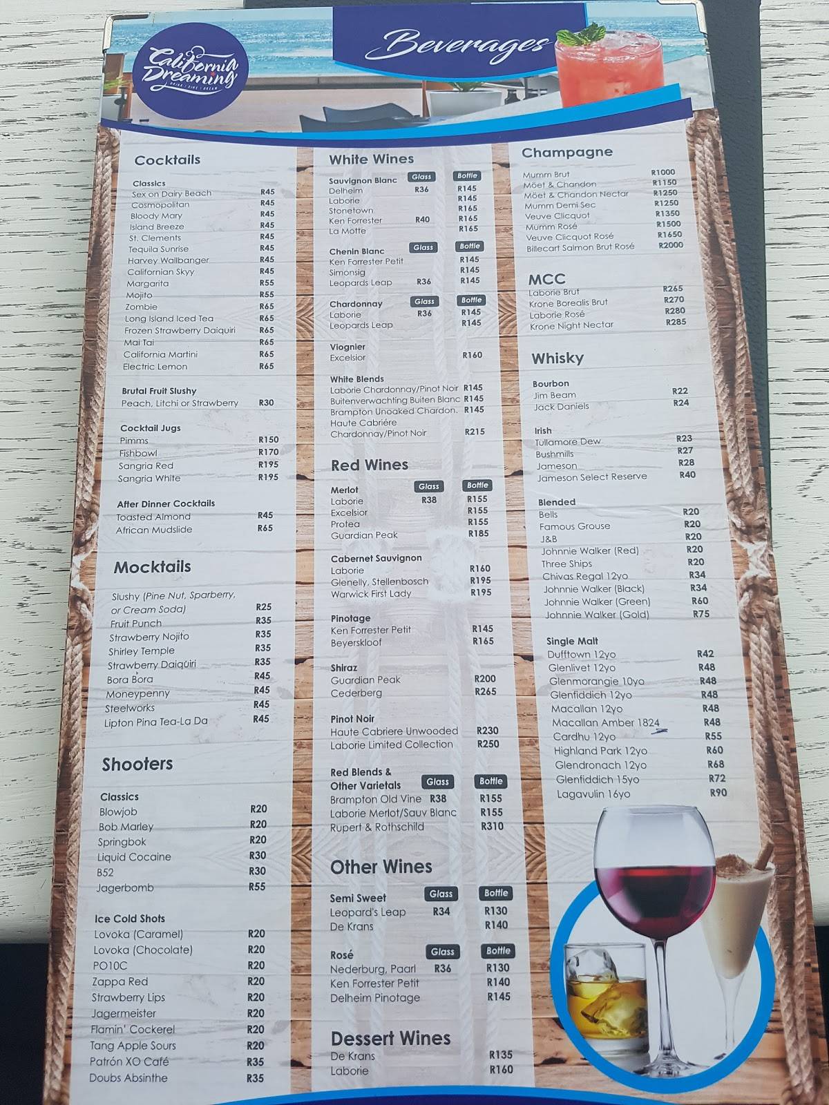 Menu at California Dreaming restaurant, Durban, 150 Marine Parade