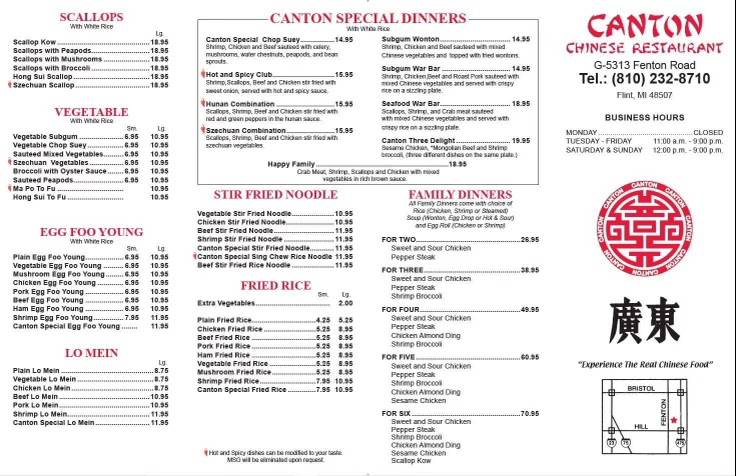 Menu at Canton Chinese Restaurant, Flint