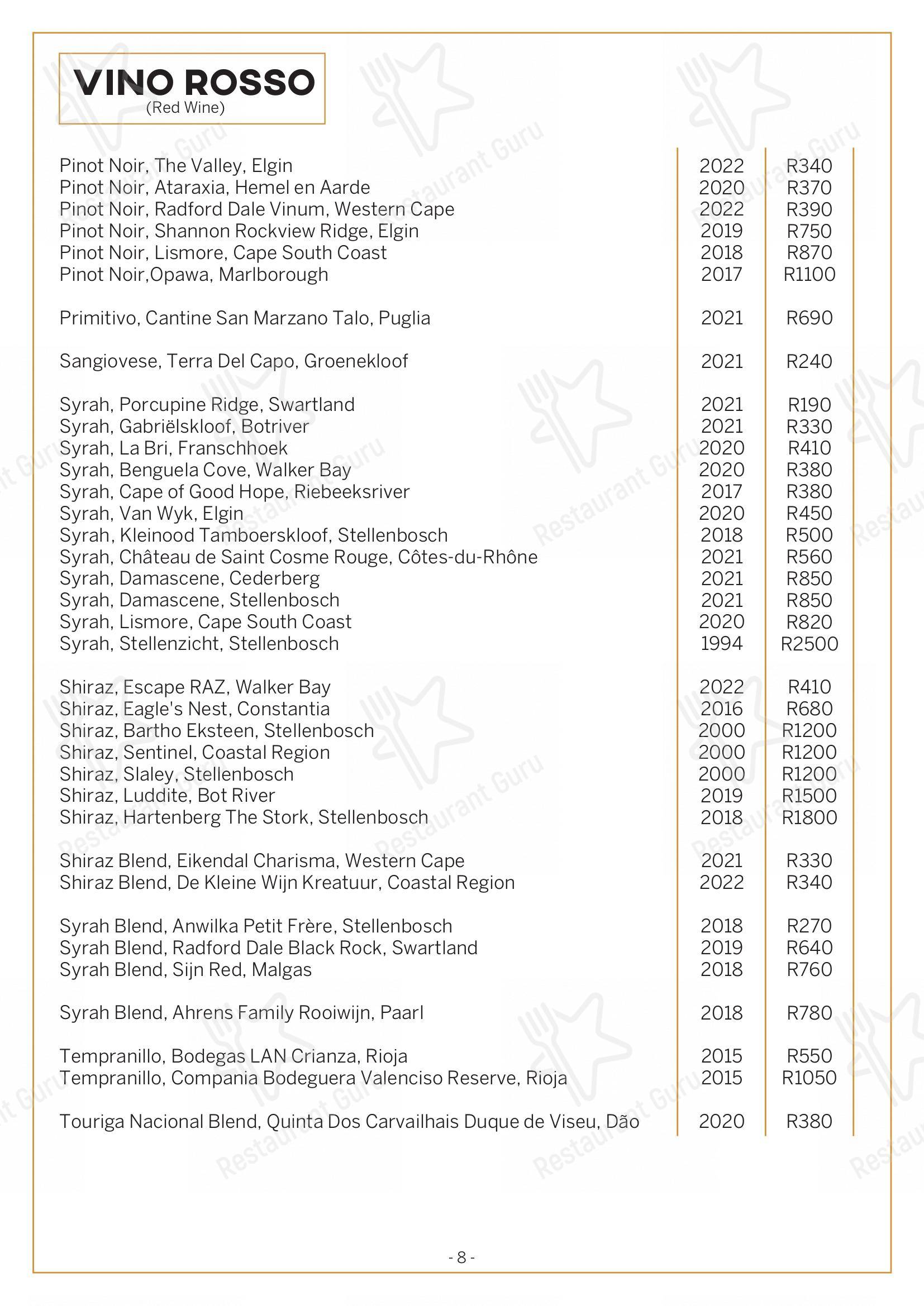 Menu at Capito restaurant, Pretoria