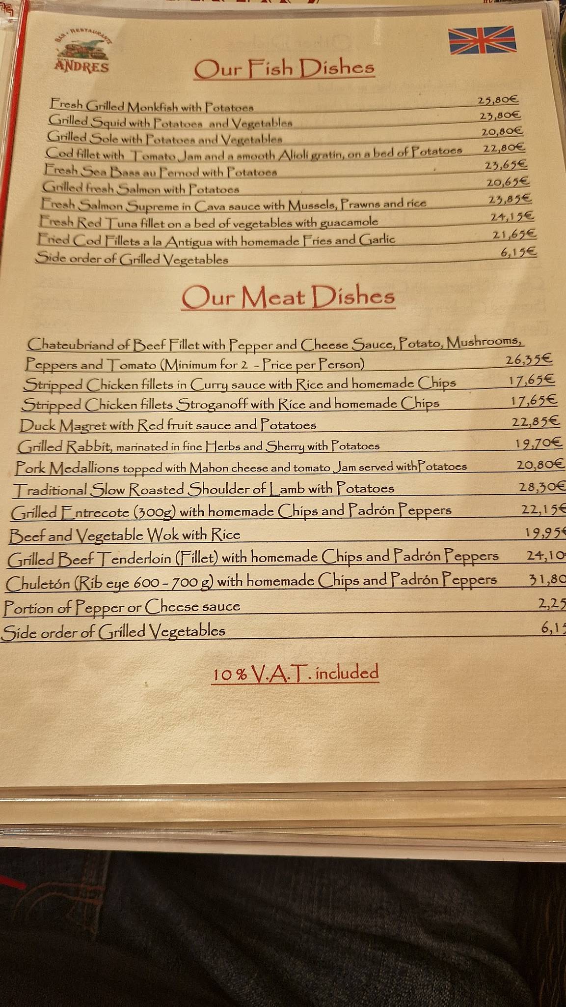 Menu at Casa Andres restaurant, Son Bou