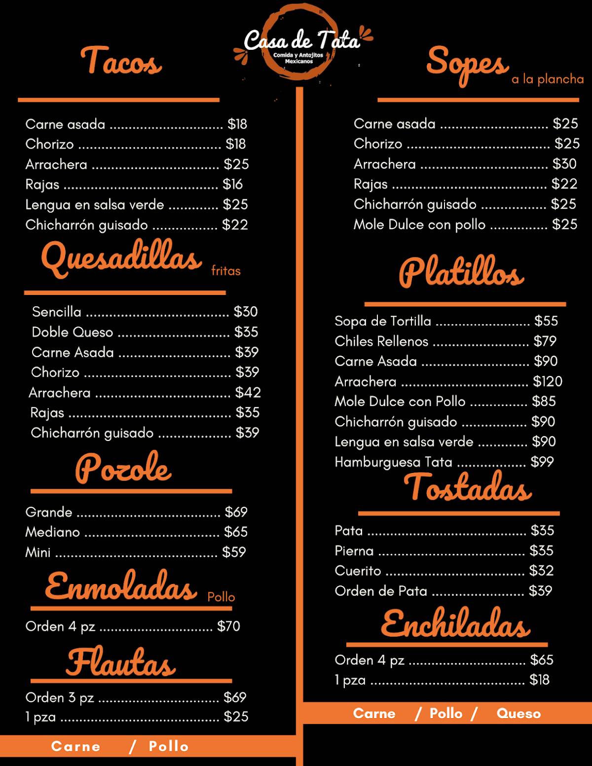 Carta del restaurante Casa del Tata, Guadalajara