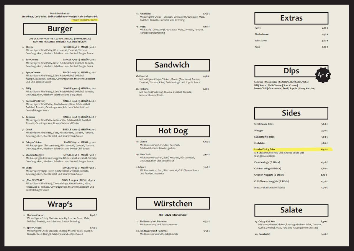 Carta del restaurante Central Burger, Wächtersbach