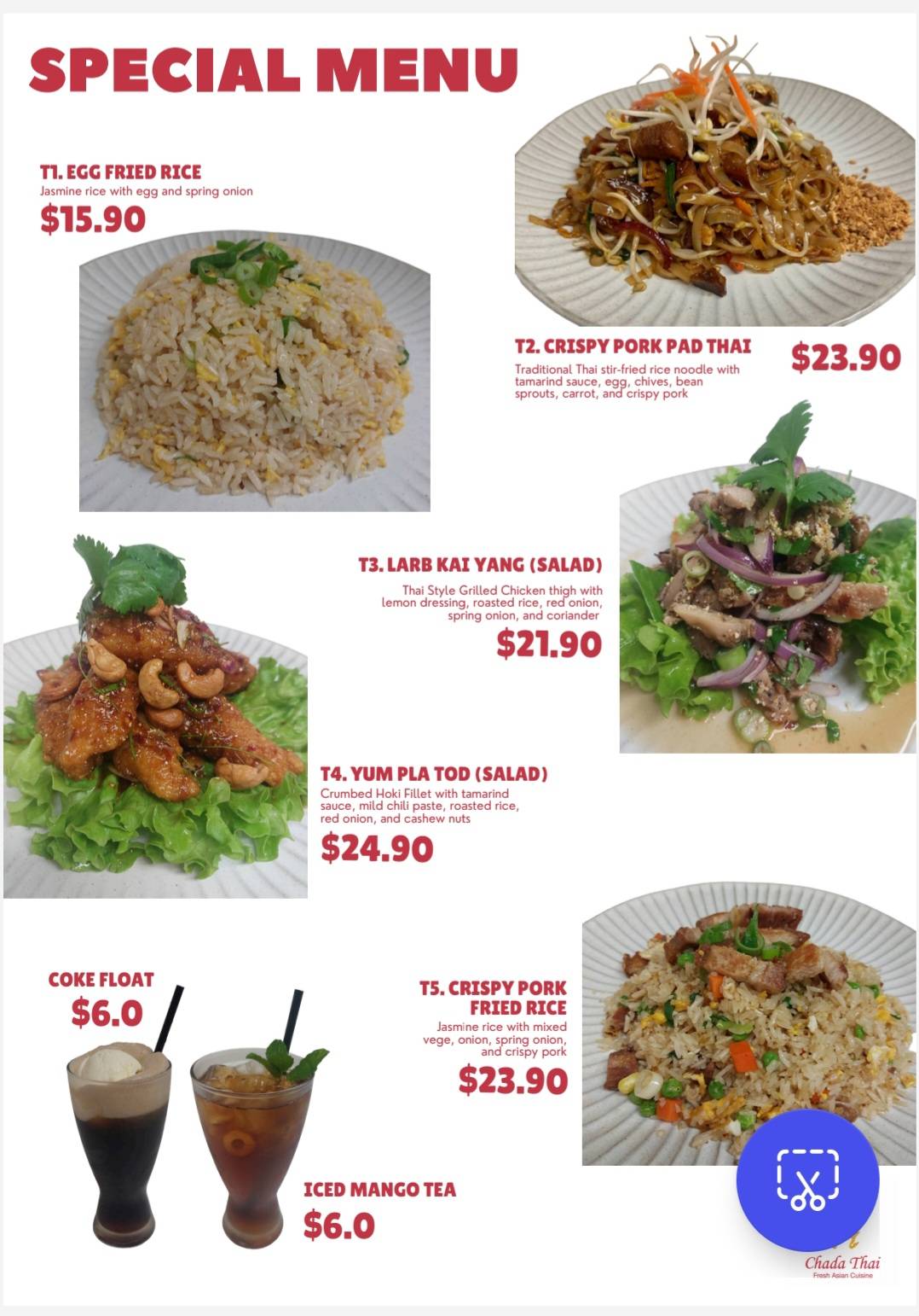 Menu at Chada Thai Restaurant, Auckland