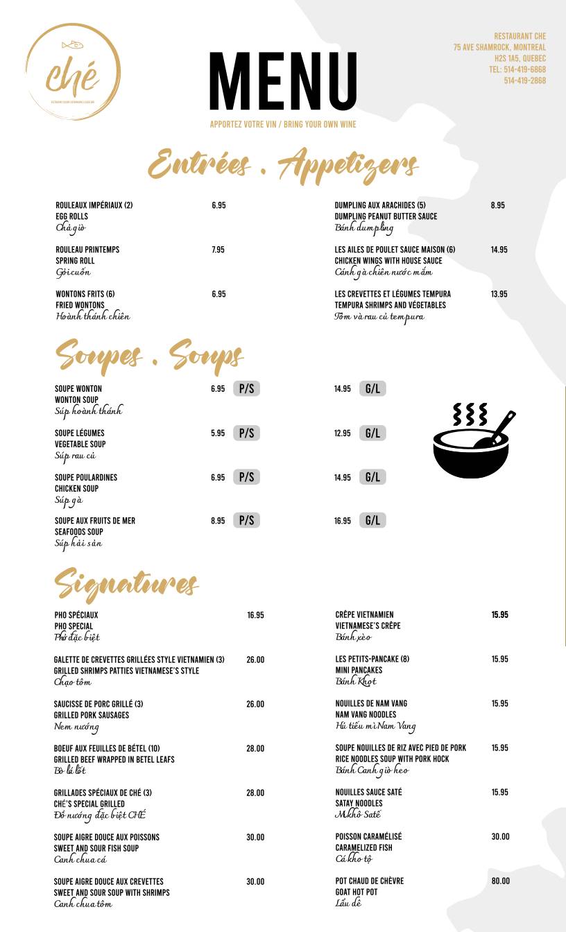 Menu au Restaurant Ché 75, Montréal