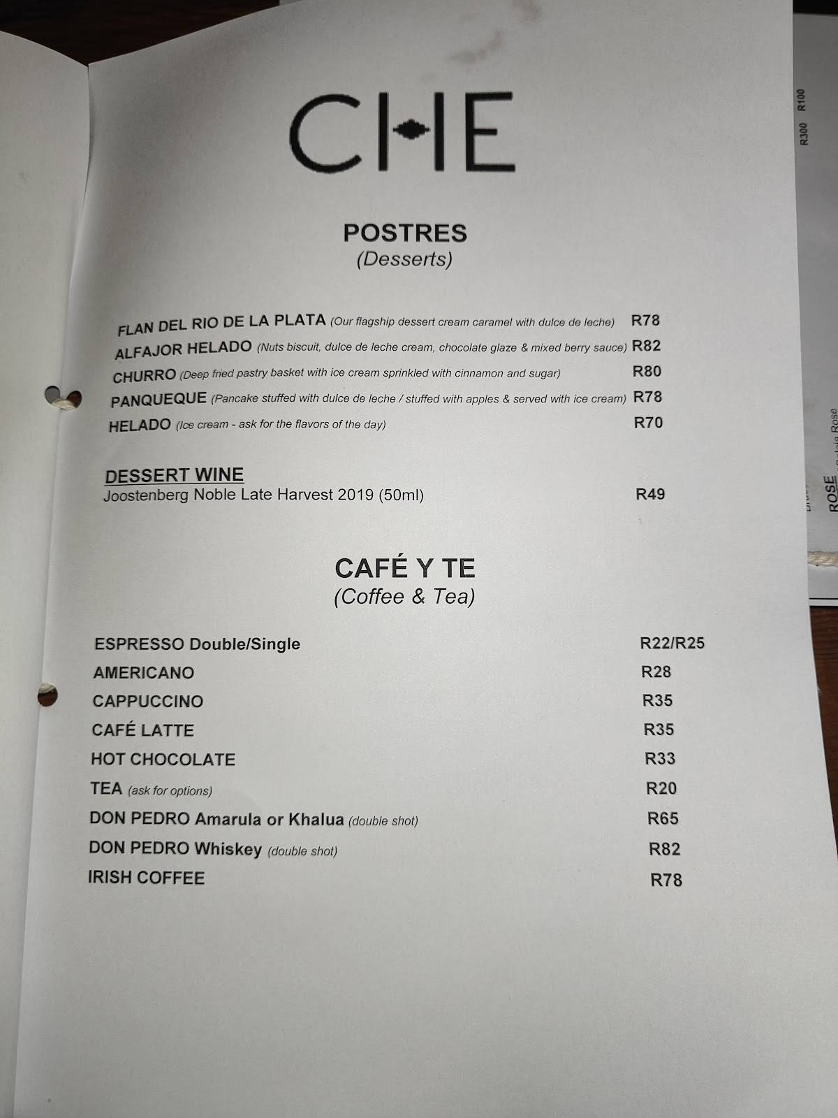 Menu at Che Argentine Grill restaurant, Johannesburg