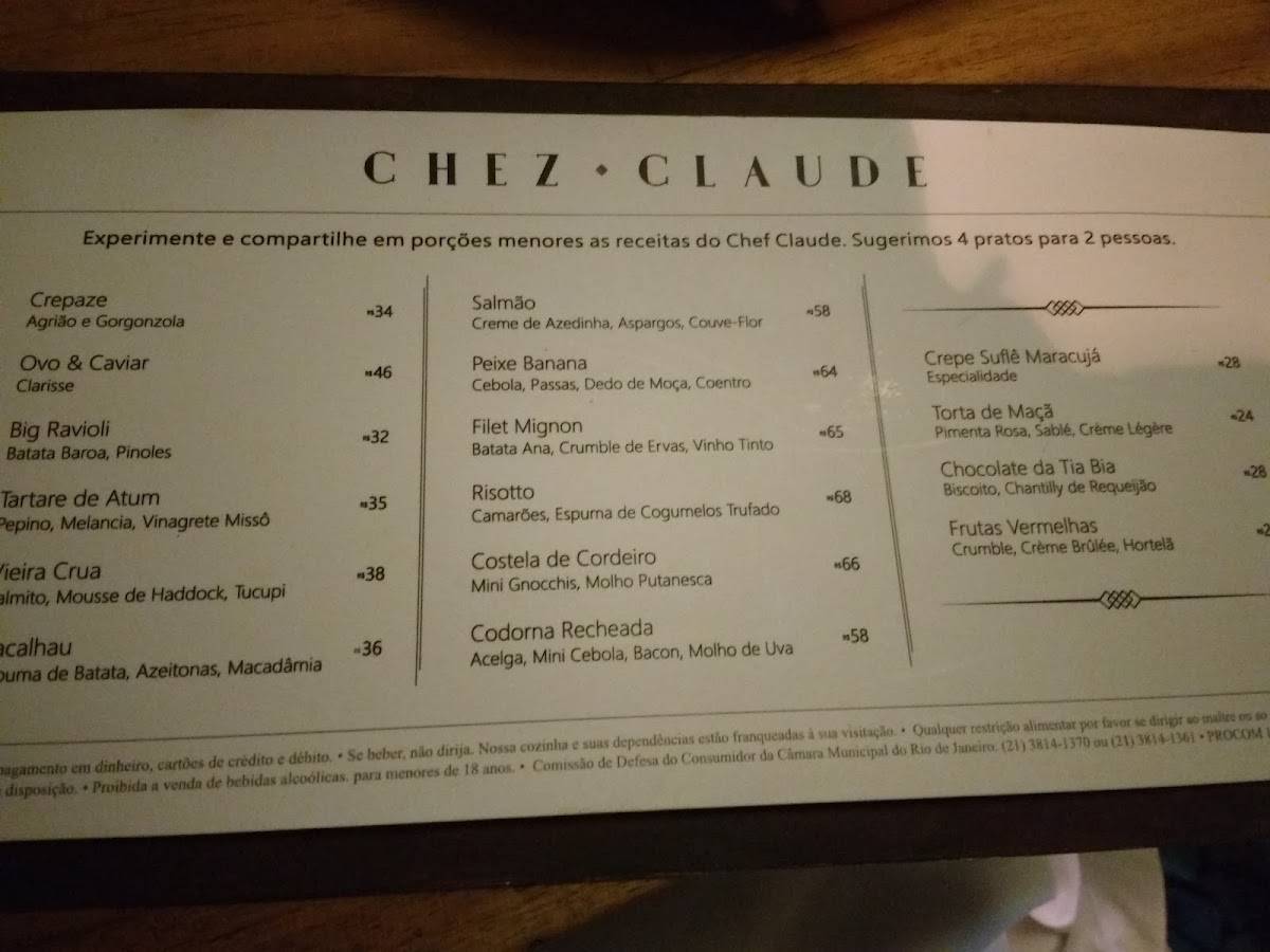 Menu em Chez Claude restaurante, Rio de Janeiro