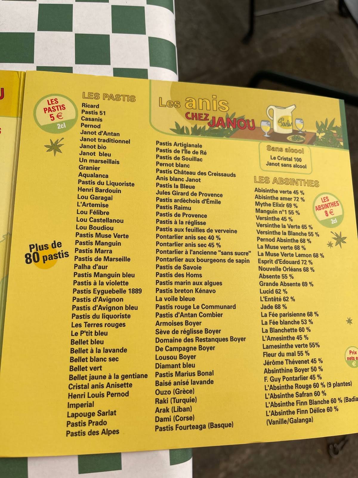 Menu at Chez Janou restaurant, Paris, 2 Rue Roger Verlomme