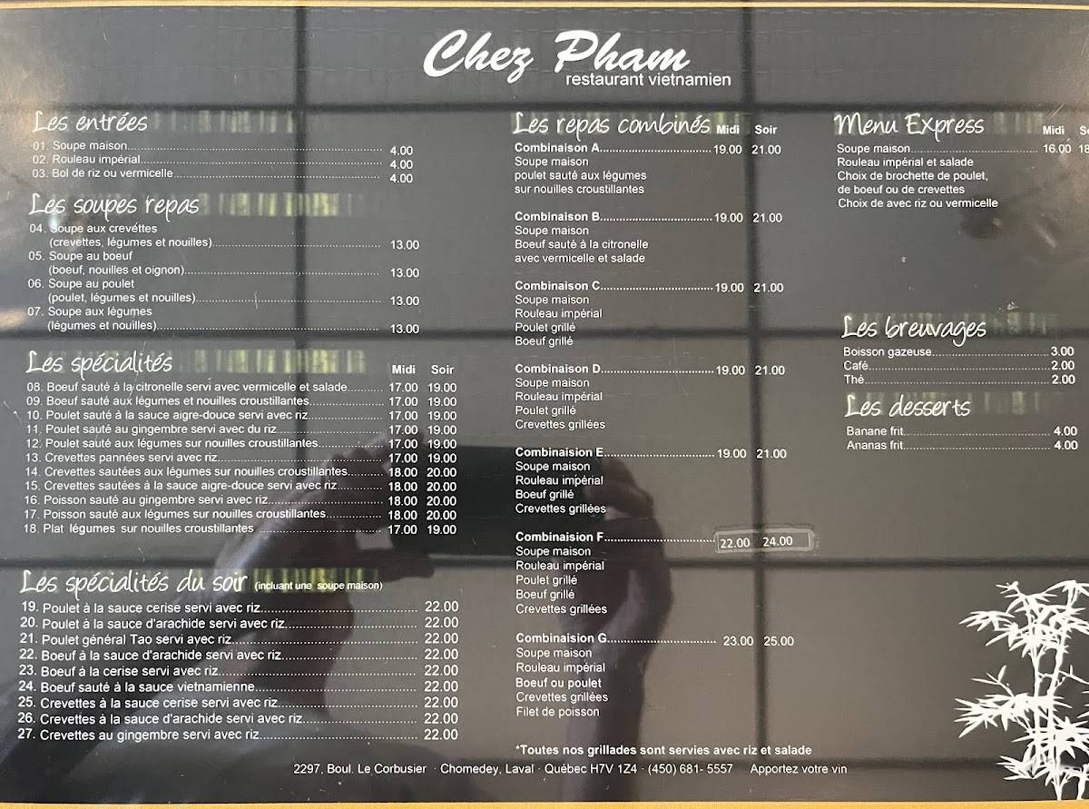 Menu au Chez Pham restaurant, Laval