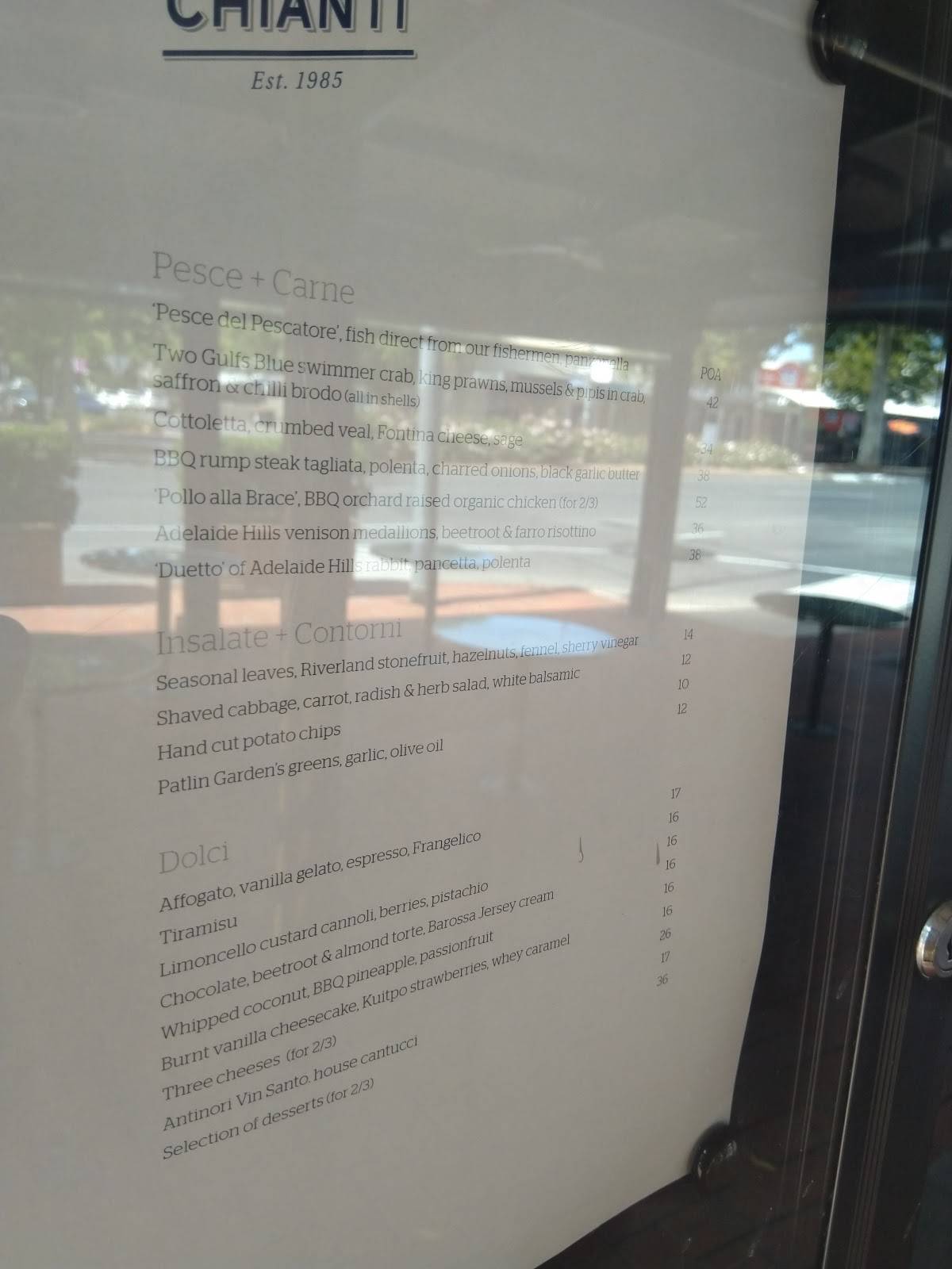 Menu at Chianti restaurant, Adelaide