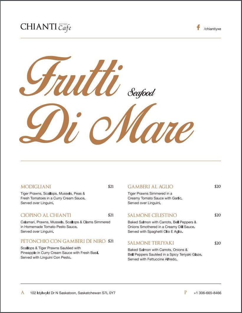 Menu at Chianti Cafe & Restaurant, Saskatoon