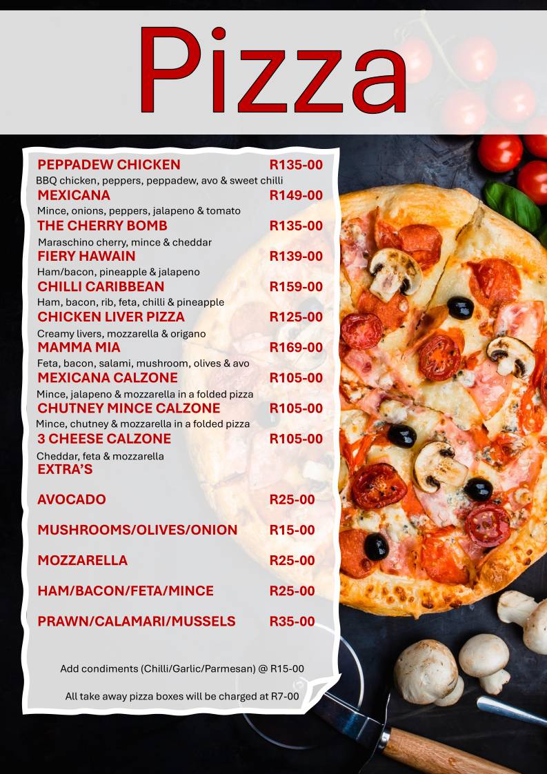 Menu at Chilli Tomato Wood Fired Pizza restaurant, Pretoria