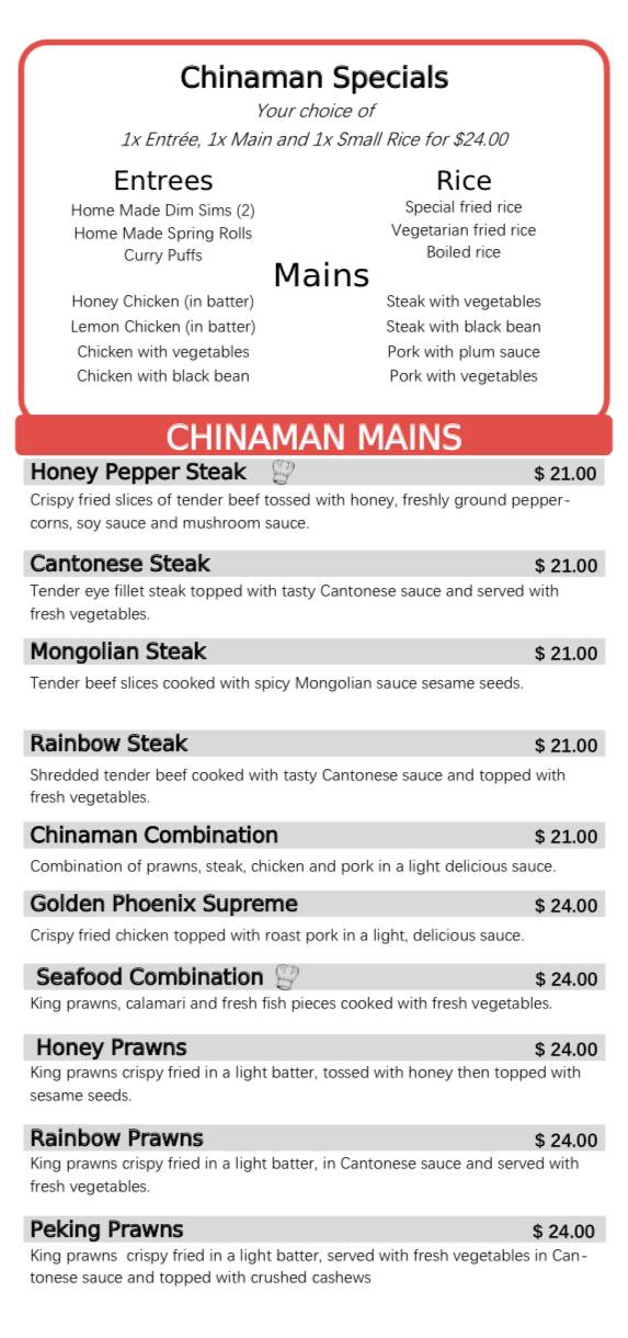 Menu at Chinaman restaurant, Wandin North