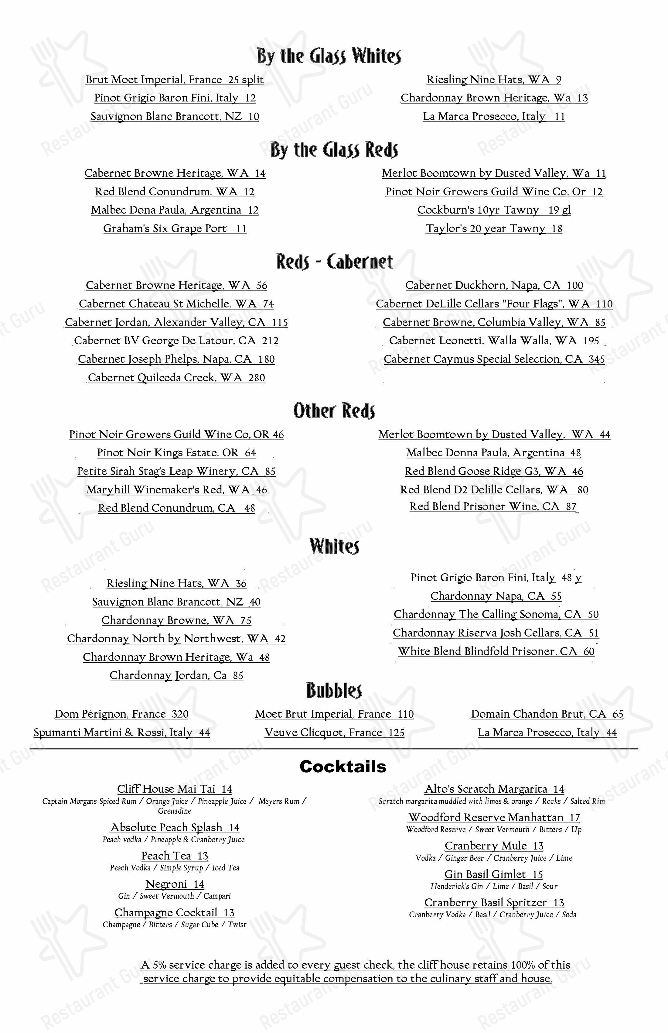 Menu at Cliff House Restaurant, Tacoma