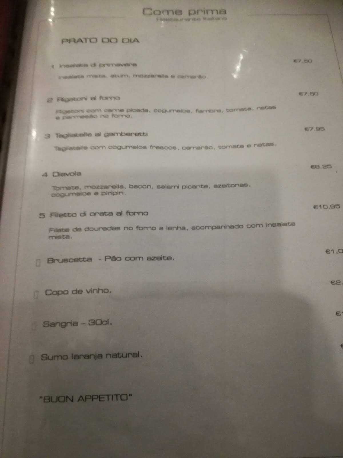 Menu at Restaurante Come Prima, Lisbon