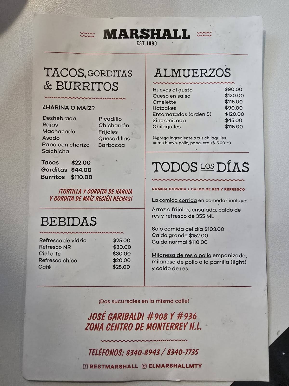 Carta del restaurante El Marshall, Monterrey