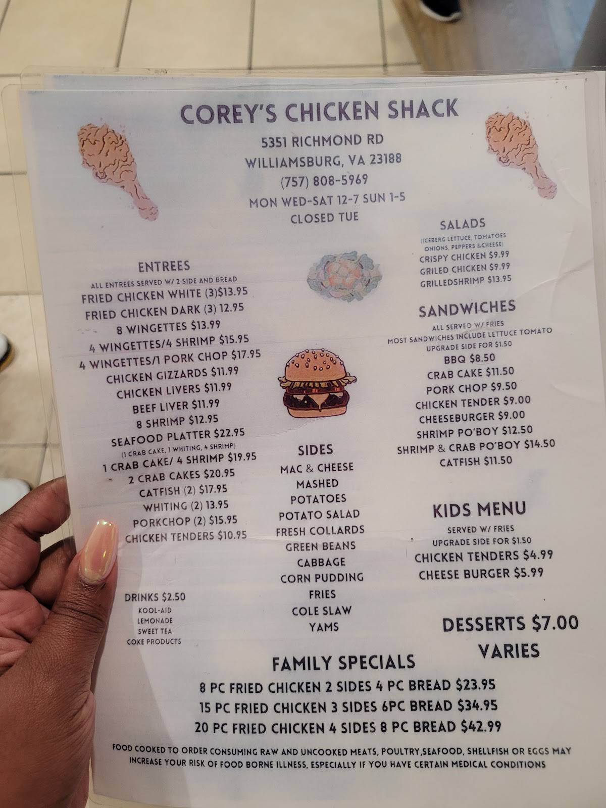 Menu at Corey's Chicken Shack restaurant, Williamsburg, Richmond Rd