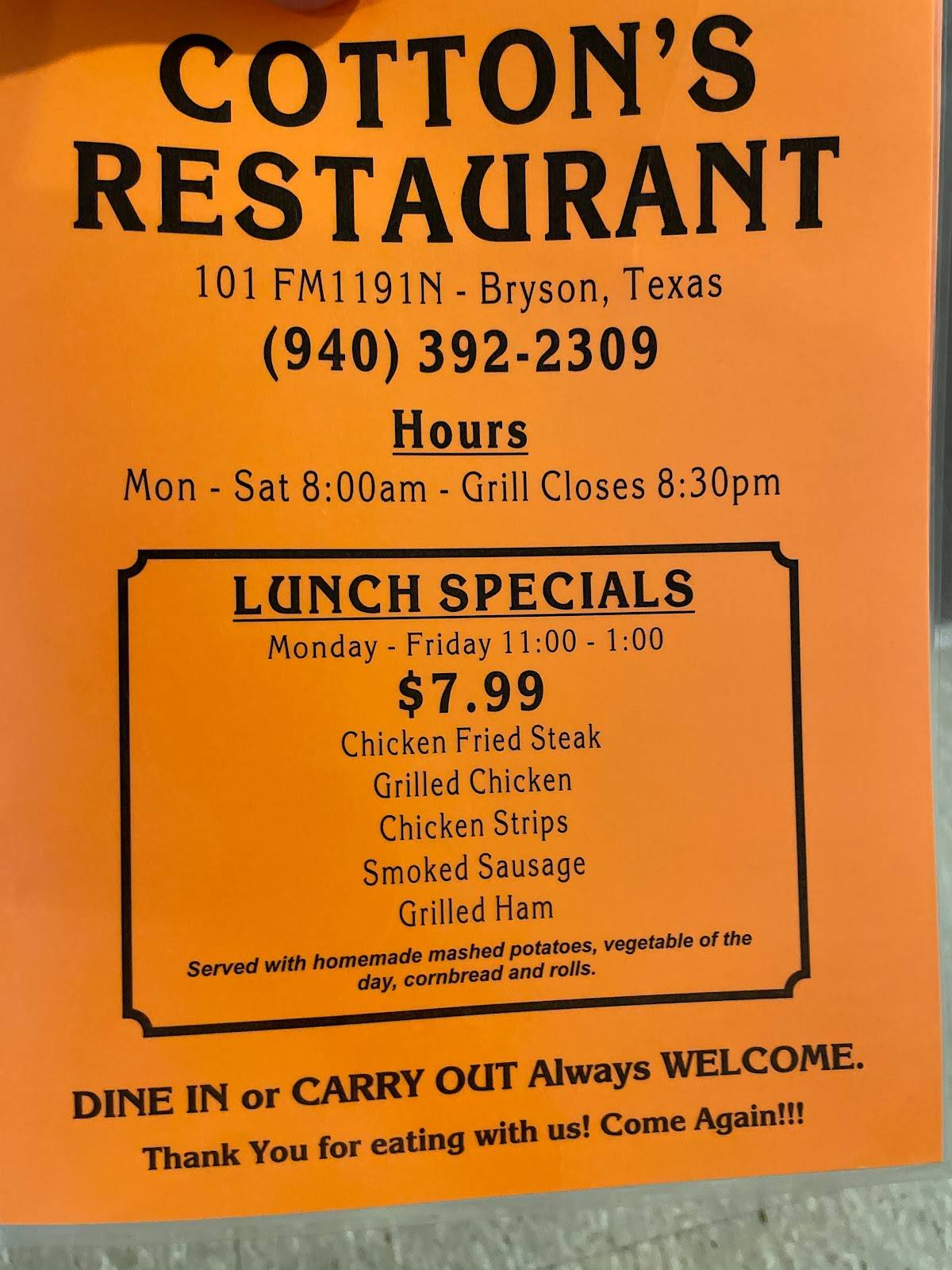Menu at Cotton's Restaurant, Bryson, 553 FM 1191