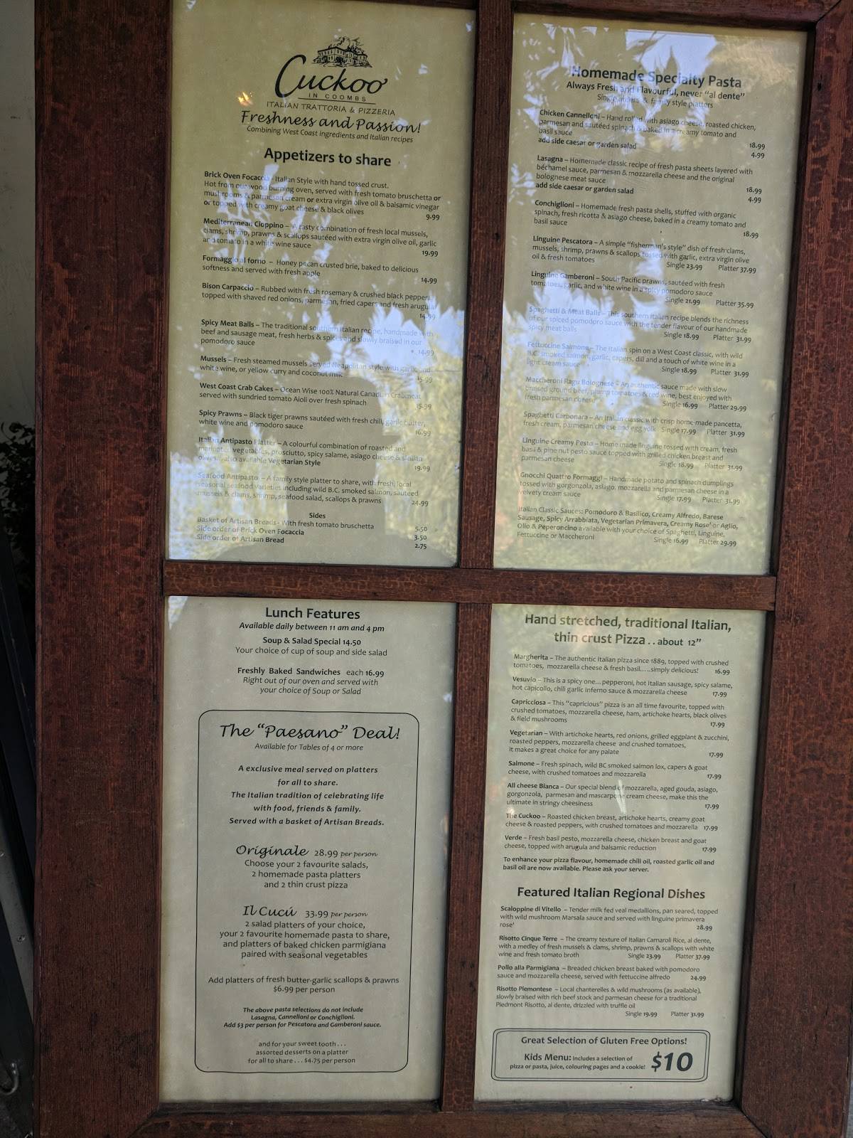 Menu at Cuckoo Trattoria and Pizzeria, Coombs
